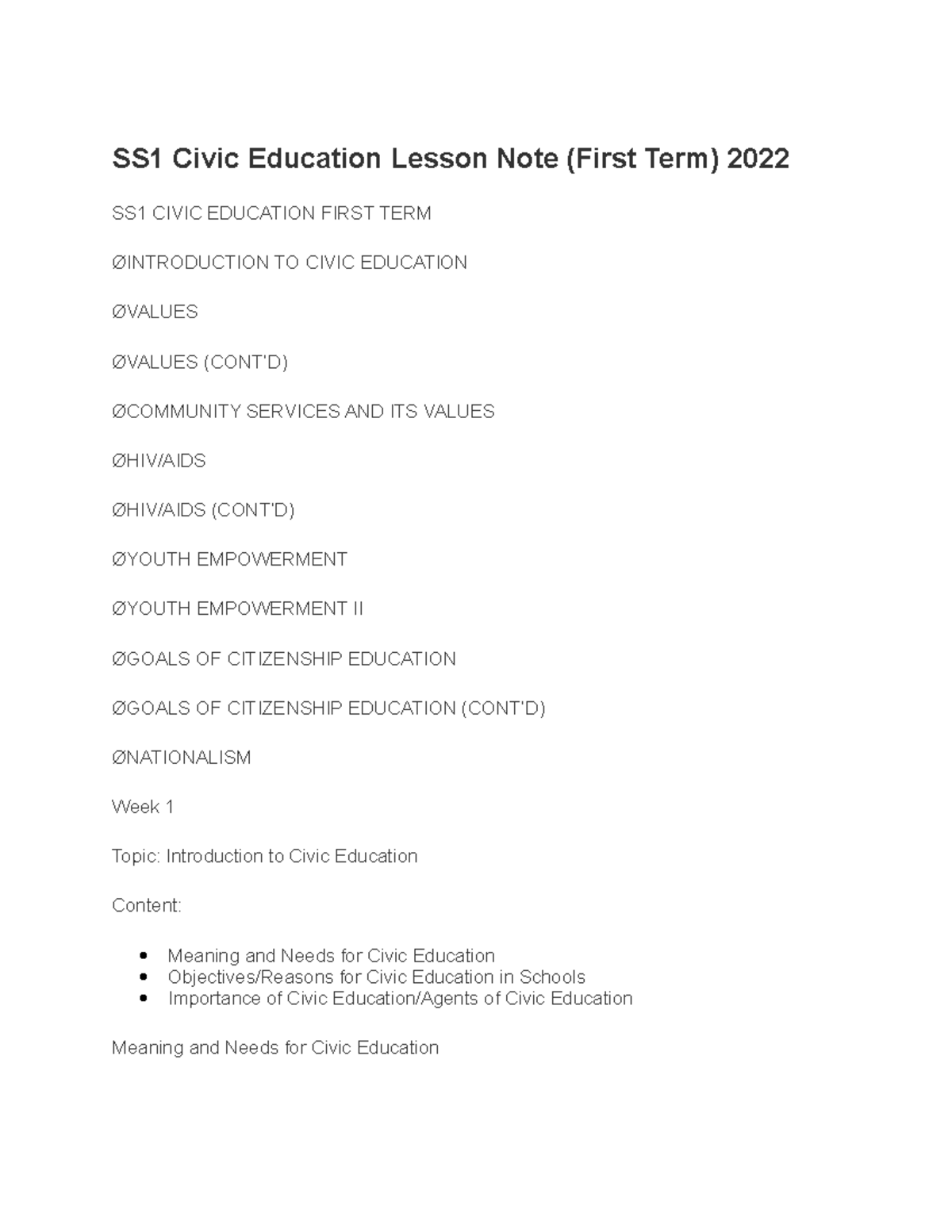 SS1 Civic Education First Term SS1 Civic Education Lesson Note First