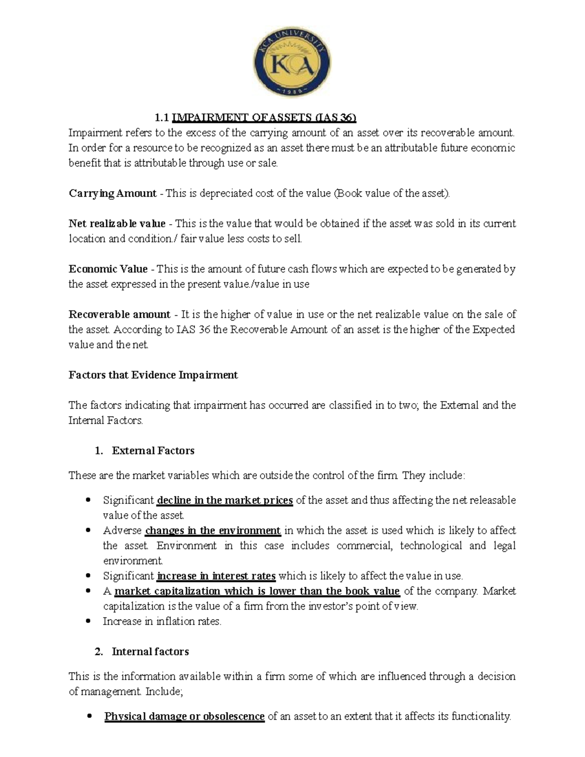 Impairment OF Assets IAS 36 summary notes by Dr.stephen - 1 IMPAIRMENT ...