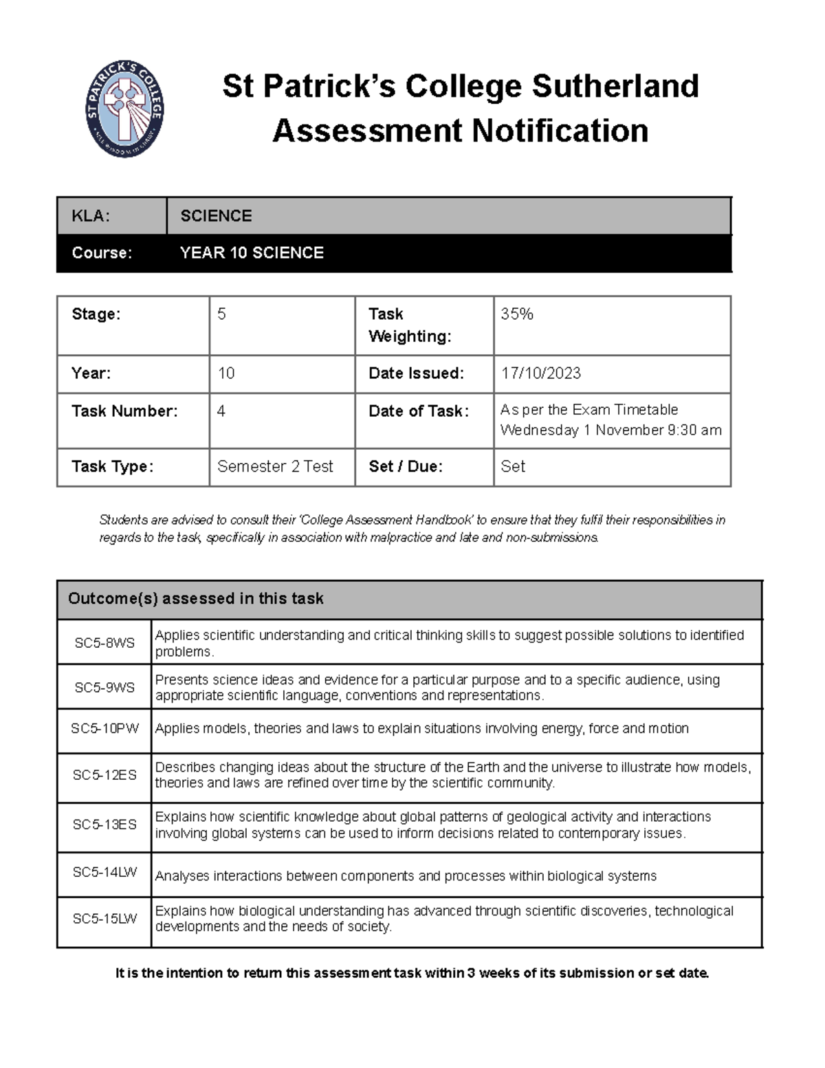 1. Notification - Year 10 Semester 2 Test 2023 - St Patrick’s College ...
