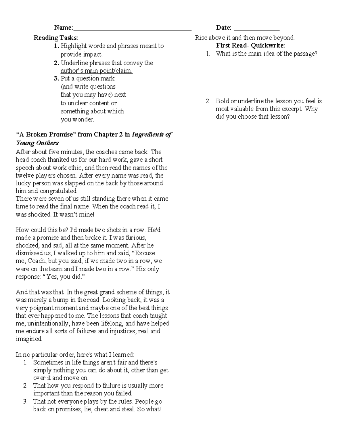 Ngan Nguyen - Close Reading Passage Failure - Name: Date: Reading Tasks ...