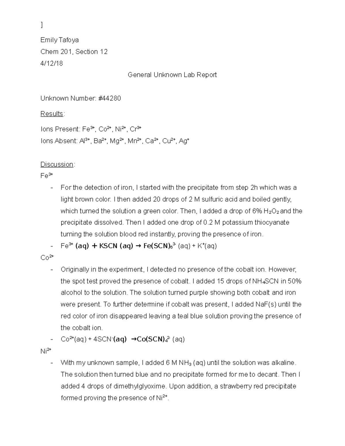 General unknown lab report - ] Emily Tafoya Chem 201, Section 12 4/12 ...