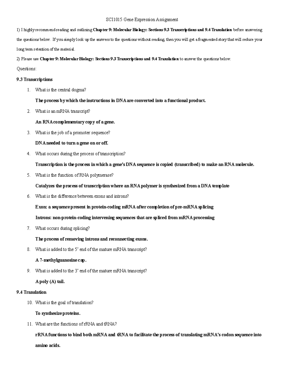 SCI1015 Gene Expression Assignment - If you simply look up the answers to the questions without ...