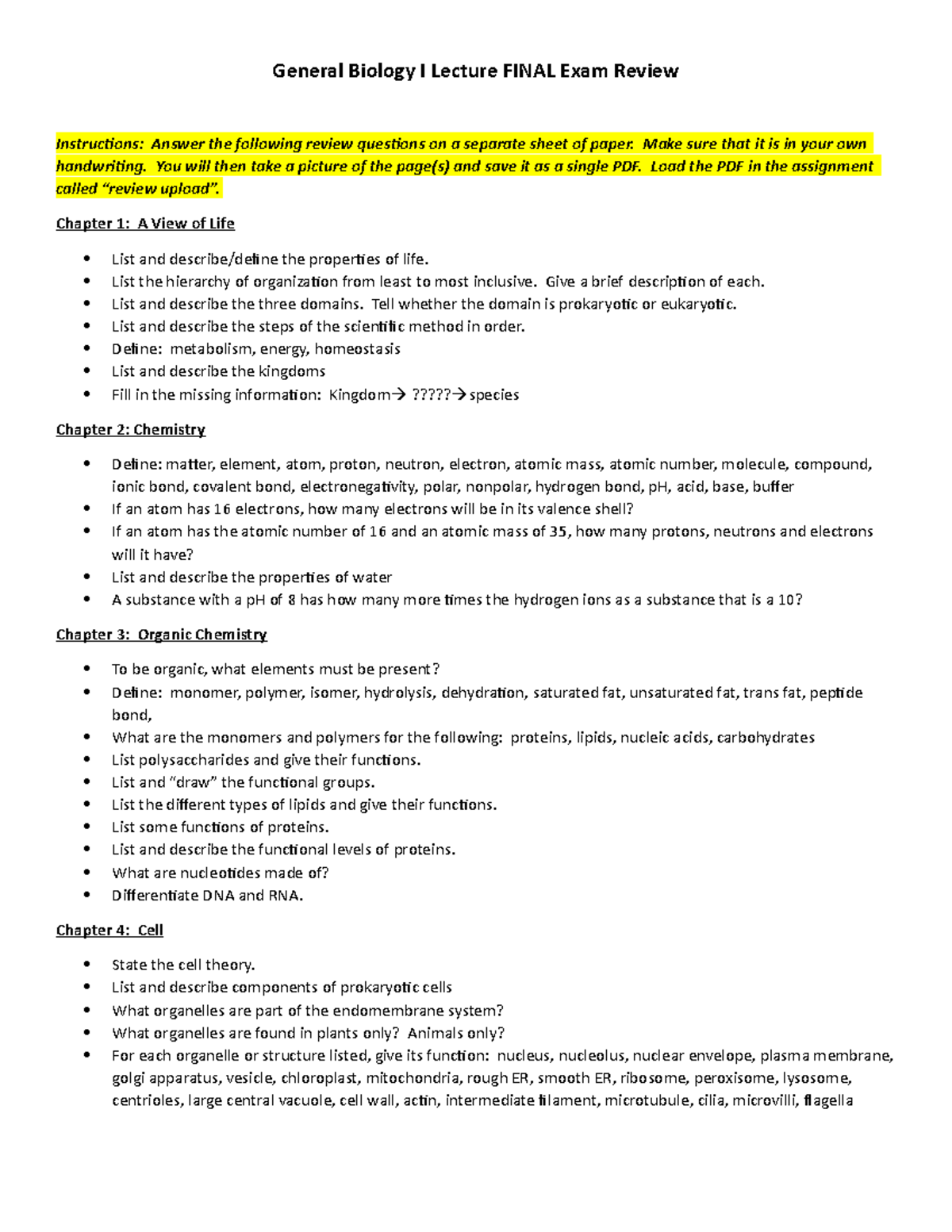 General Biology I Lecture Final Exam Review (updated Fall 21 - General Biology I Lecture FINAL ...