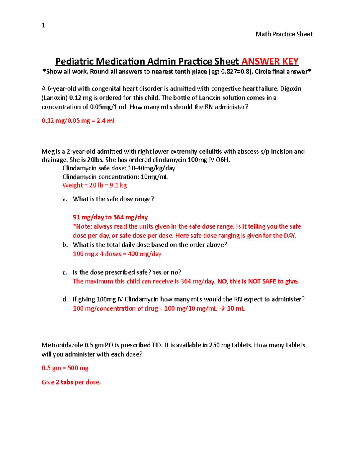 Math Practice Answer KEY - Math Practice Sheet Pediatric Medication ...