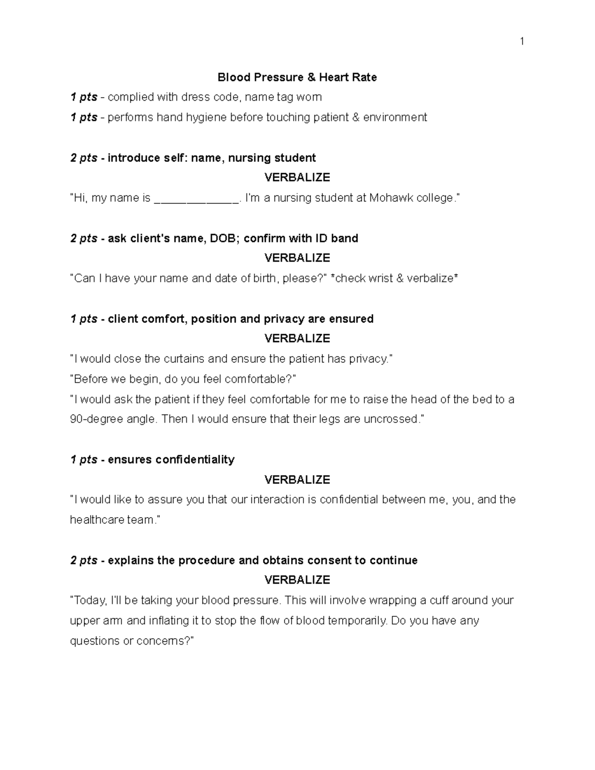 PN Lab 1 - Manual Blood Pressure Skills Checkpoint Script - Blood ...