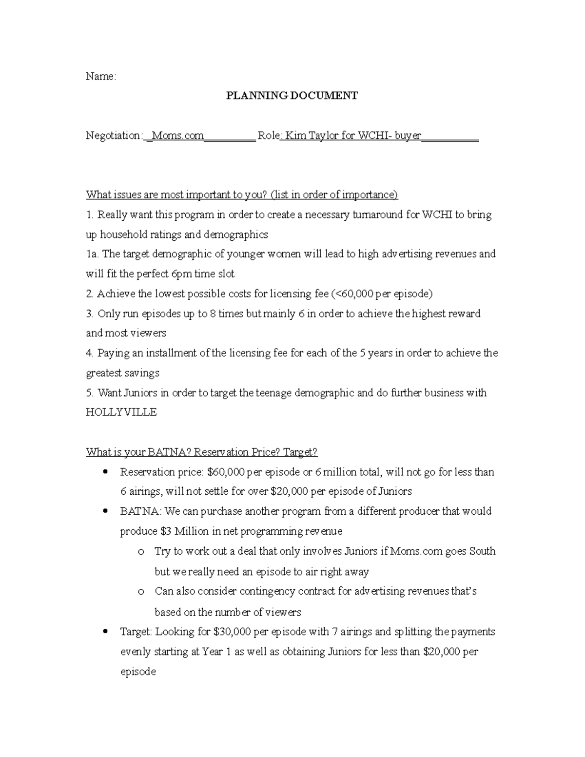 Moms.com planning doc - Name: PLANNING DOCUMENT Negotiation: Moms ...