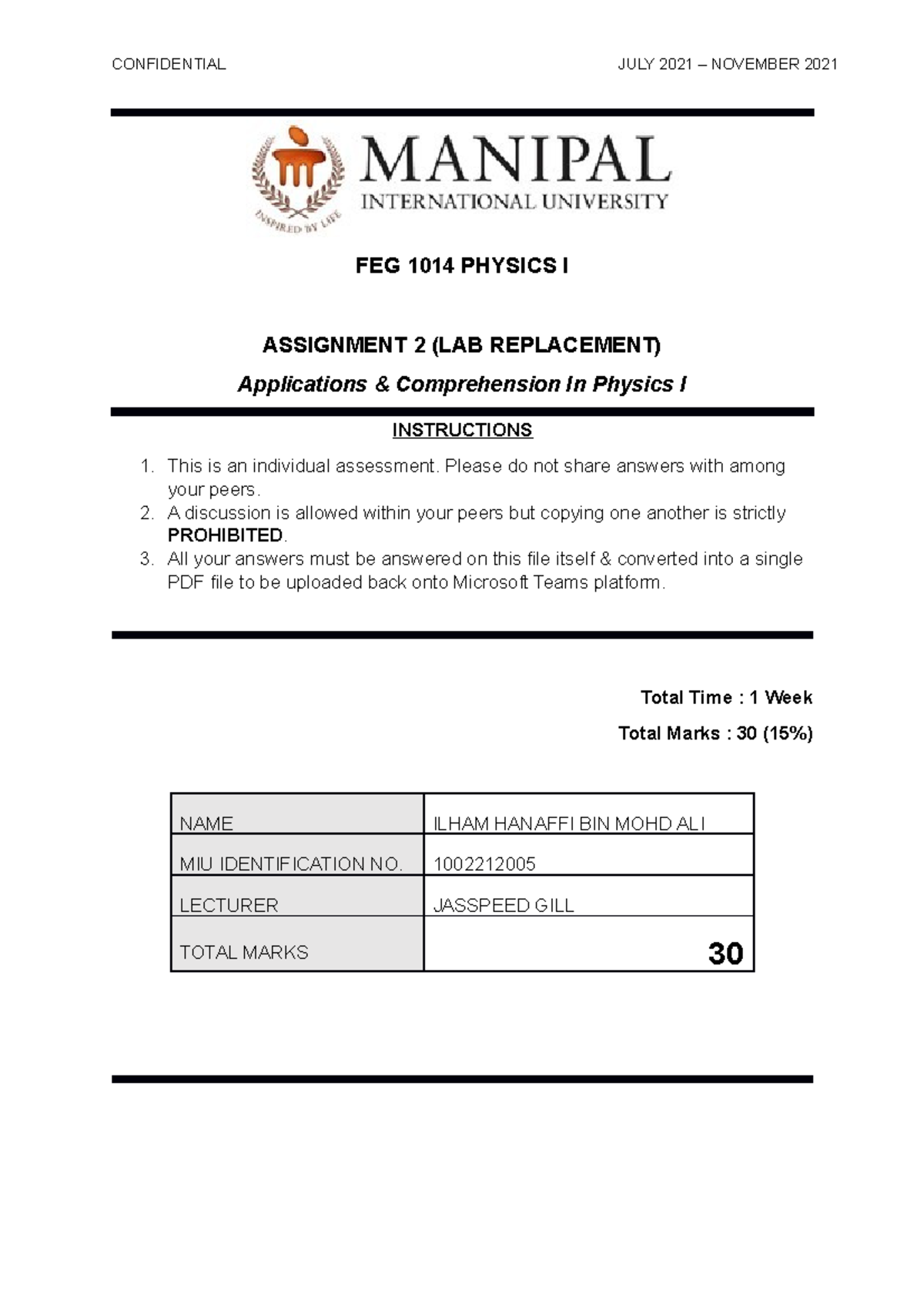 Assignment 2 Physics Confidential July 2021 November 2021 Feg