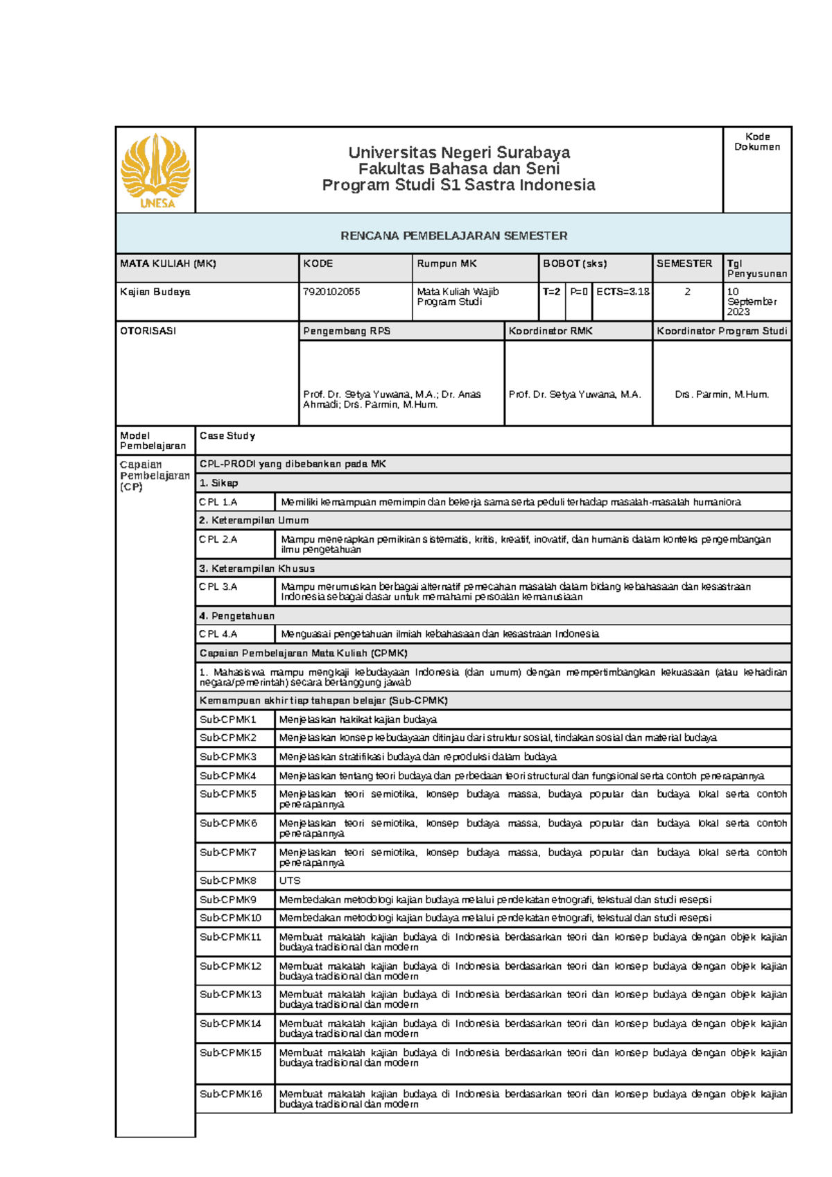 RPS Kajian Budaya - Universitas Negeri Surabaya Fakultas Bahasa dan ...