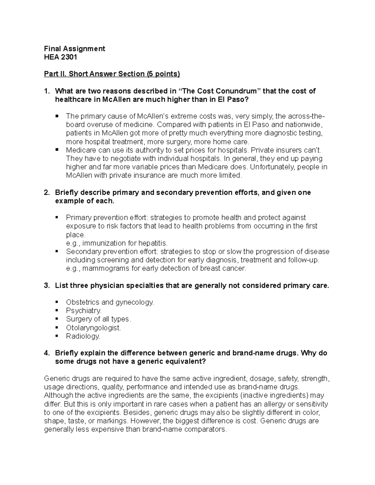 Final Assignment - Grade: A - Final Assignment HEA 2301 Part II. Short ...