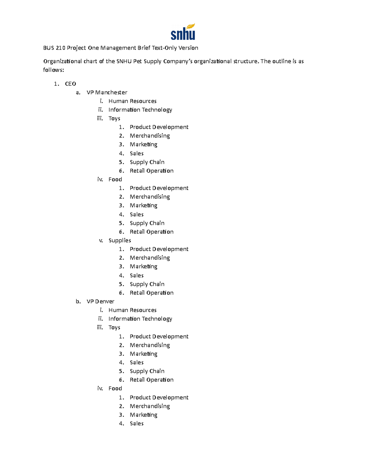 BUS 210 Project One Management Brief Text-Only Version - The outline is ...