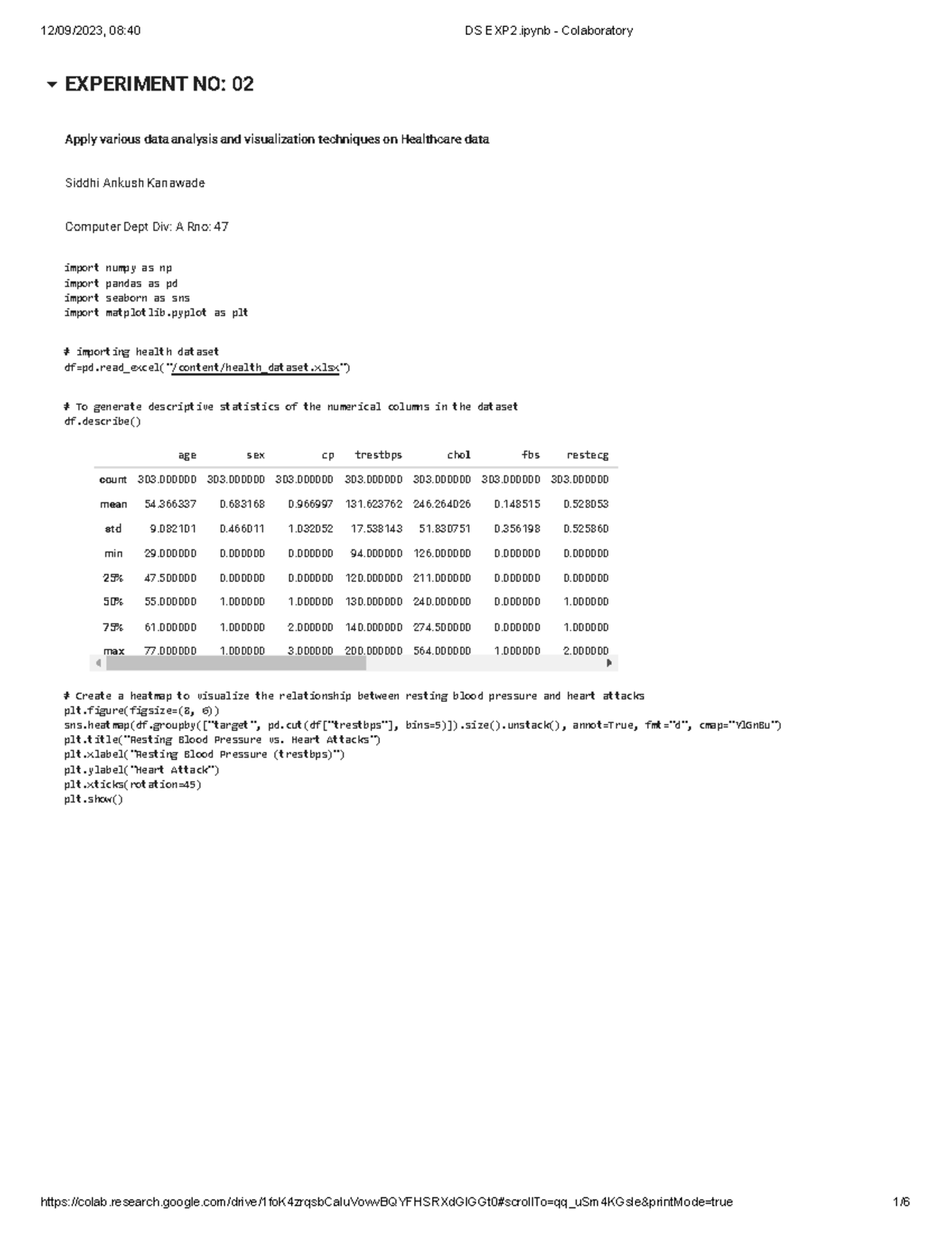 DS EXP2 Siddhi - EXPERIMENT NO: 02 Apply various data analysis and visualization techniques on ...