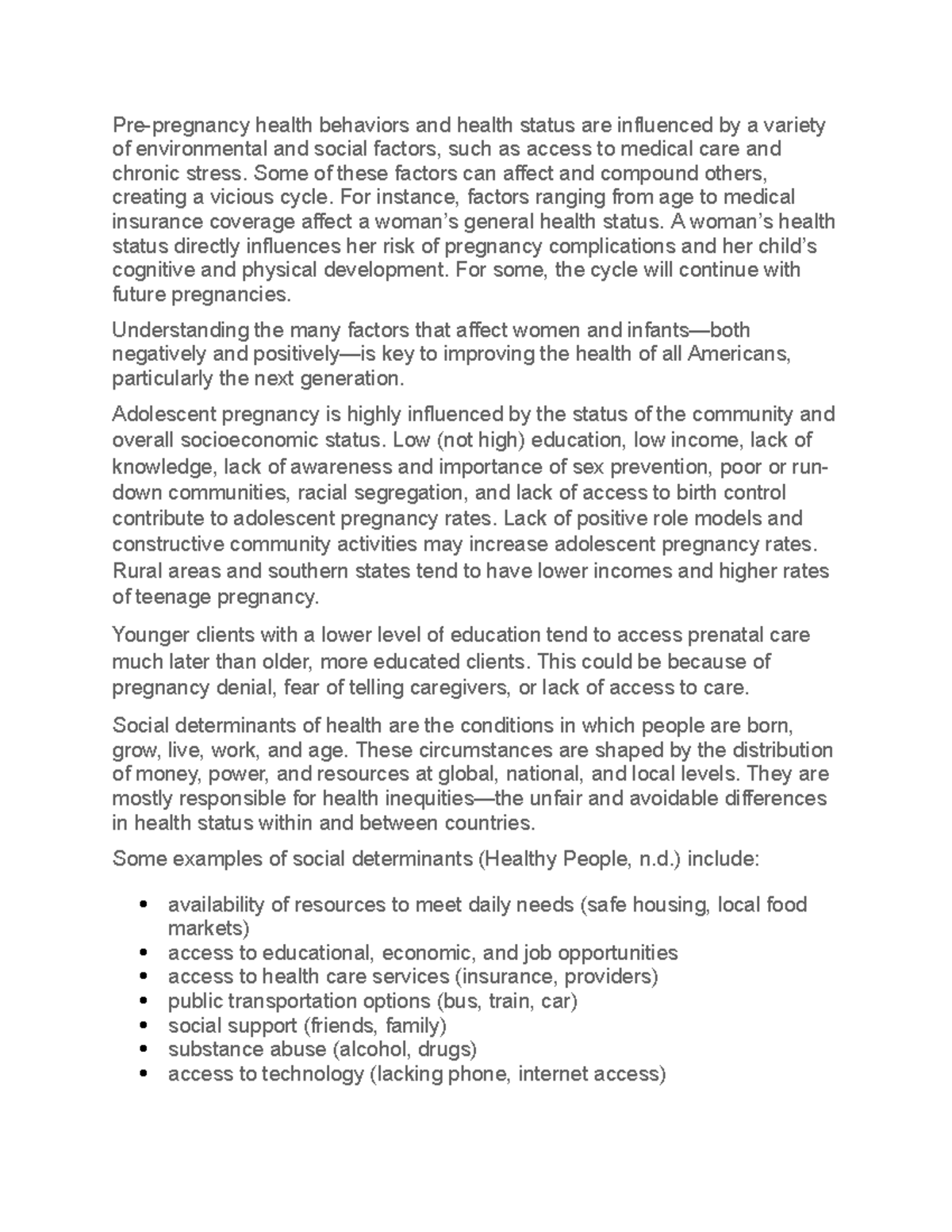 SDOH and Maternal Child Nursing - Pre-pregnancy health behaviors and ...