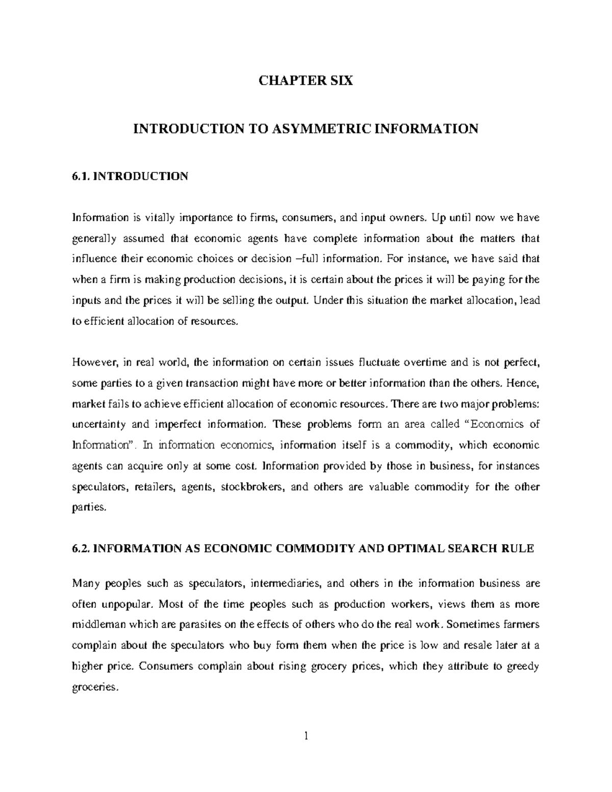 Chapter 6 Asymmetric Information - CHAPTER SIX INTRODUCTION TO ...