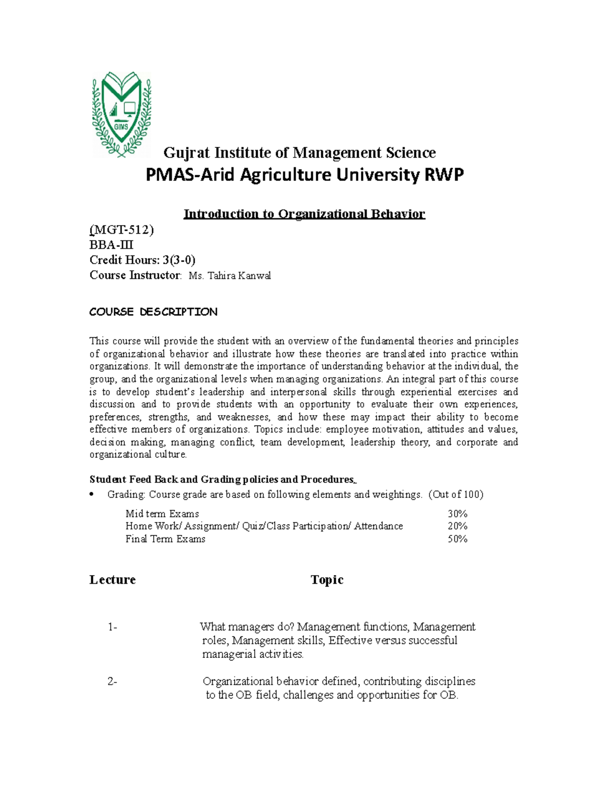 MGT-512 Introduction to Organizational Behaviour - Gujrat Institute of ...