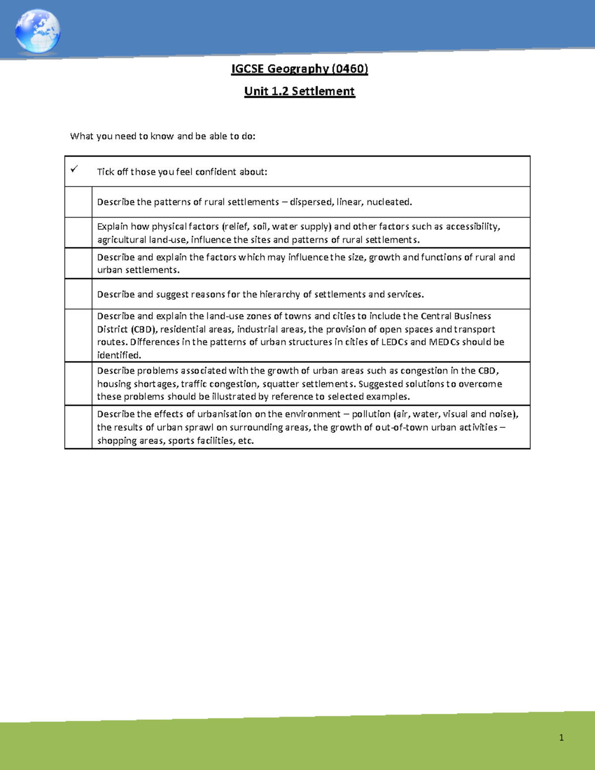 Unit 1 - notes on settlement - IGCSE Geography (0460) Unit 1 Settlement ...