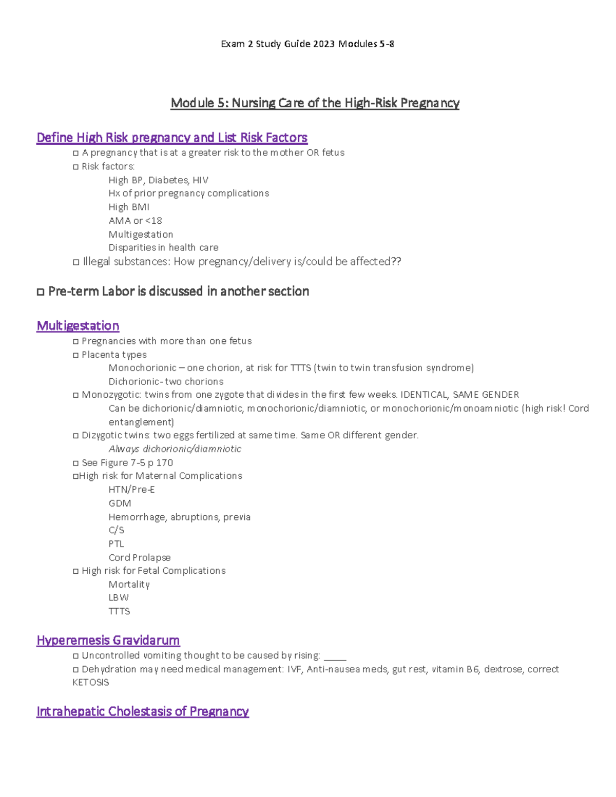 Exam 2 study guide Modules 5 to 8 SU23-2 (1)[70] - Module 5: Nursing ...