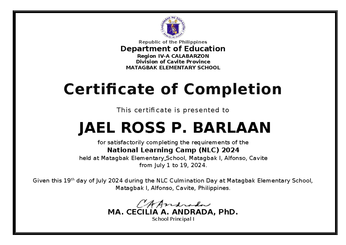 VS NLC completion Certificate/accomplishment report on NLC - JAEL ROSS ...