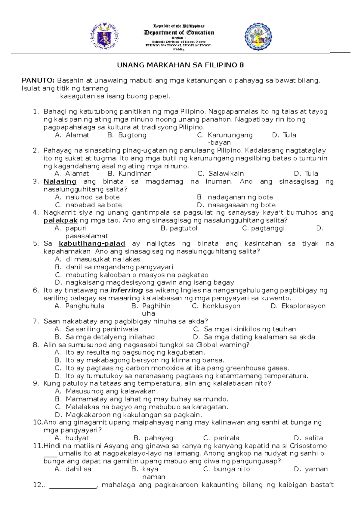 Filipino 8 - Periodical test - UNANG MARKAHAN SA FILIPINO 8 PANUTO ...