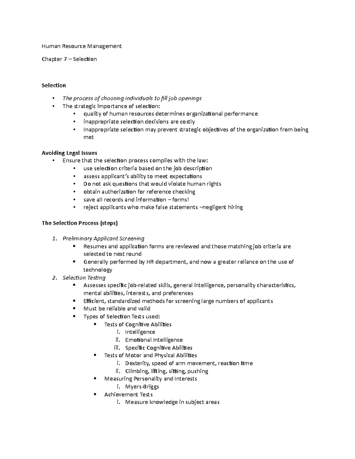 Chapter 7 - Human Resource Management Chapter 7 – Selection Selection ...