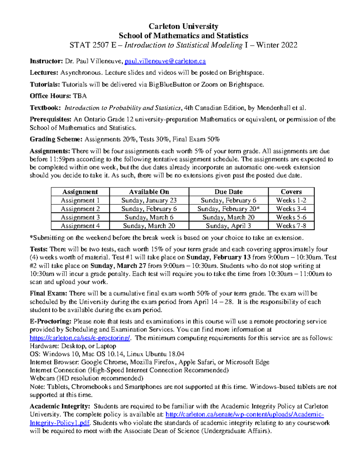 STAT2507E Syllabus Winter 2022 December 15 - Carleton University School ...