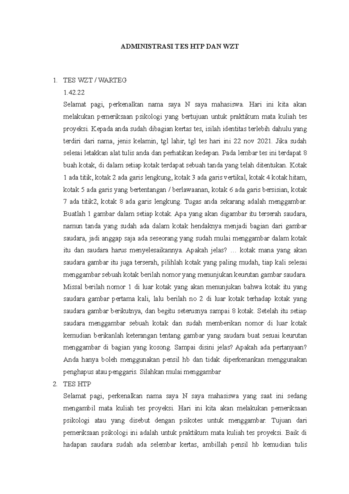 Administrasi TES HTP DAN WZT - ADMINISTRASI TES HTP DAN WZT 1. TES WZT ...