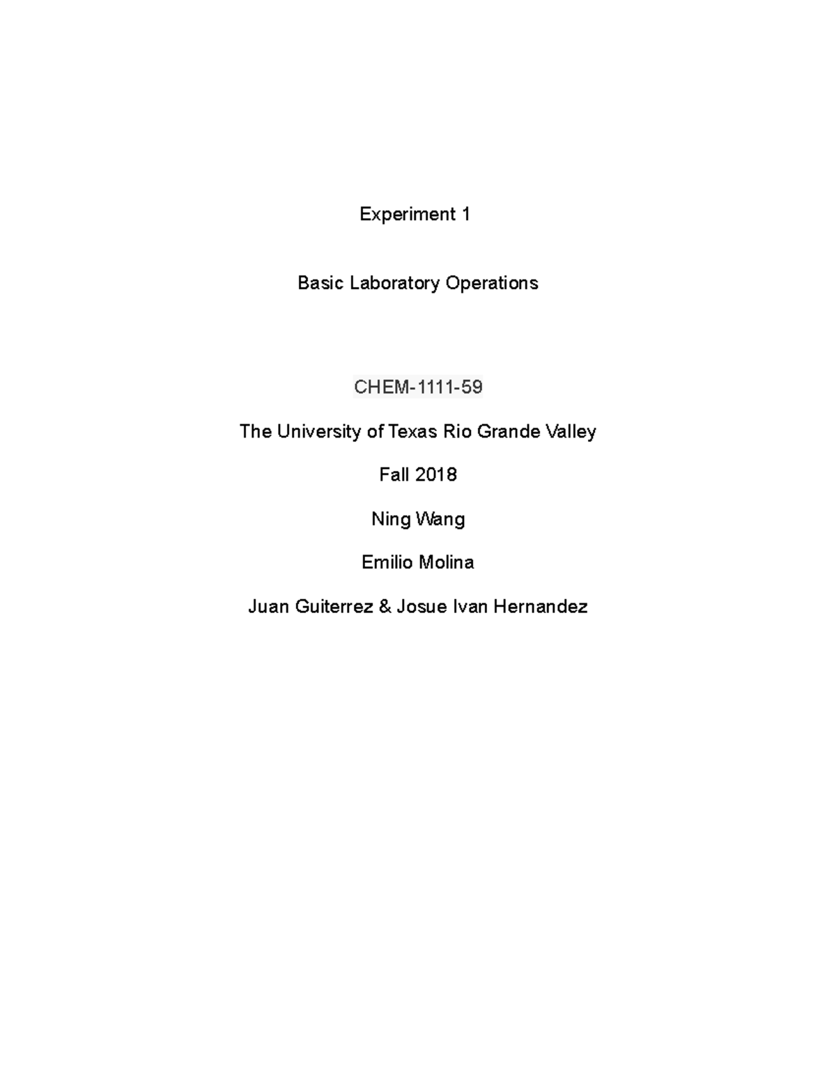 Chemistry Lab Report 1 - Experiment 1 Basic Laboratory Operations The ...