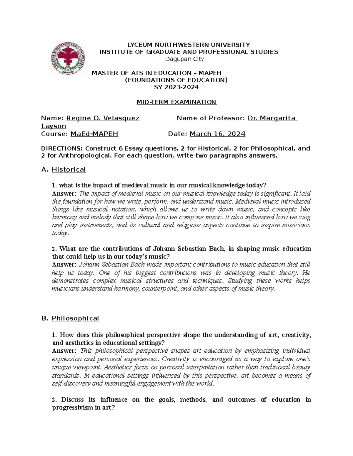 Midterm-EXAM MAED- Mapeh - LYCEUM NORTHWESTERN UNIVERSITY INSTITUTE OF ...