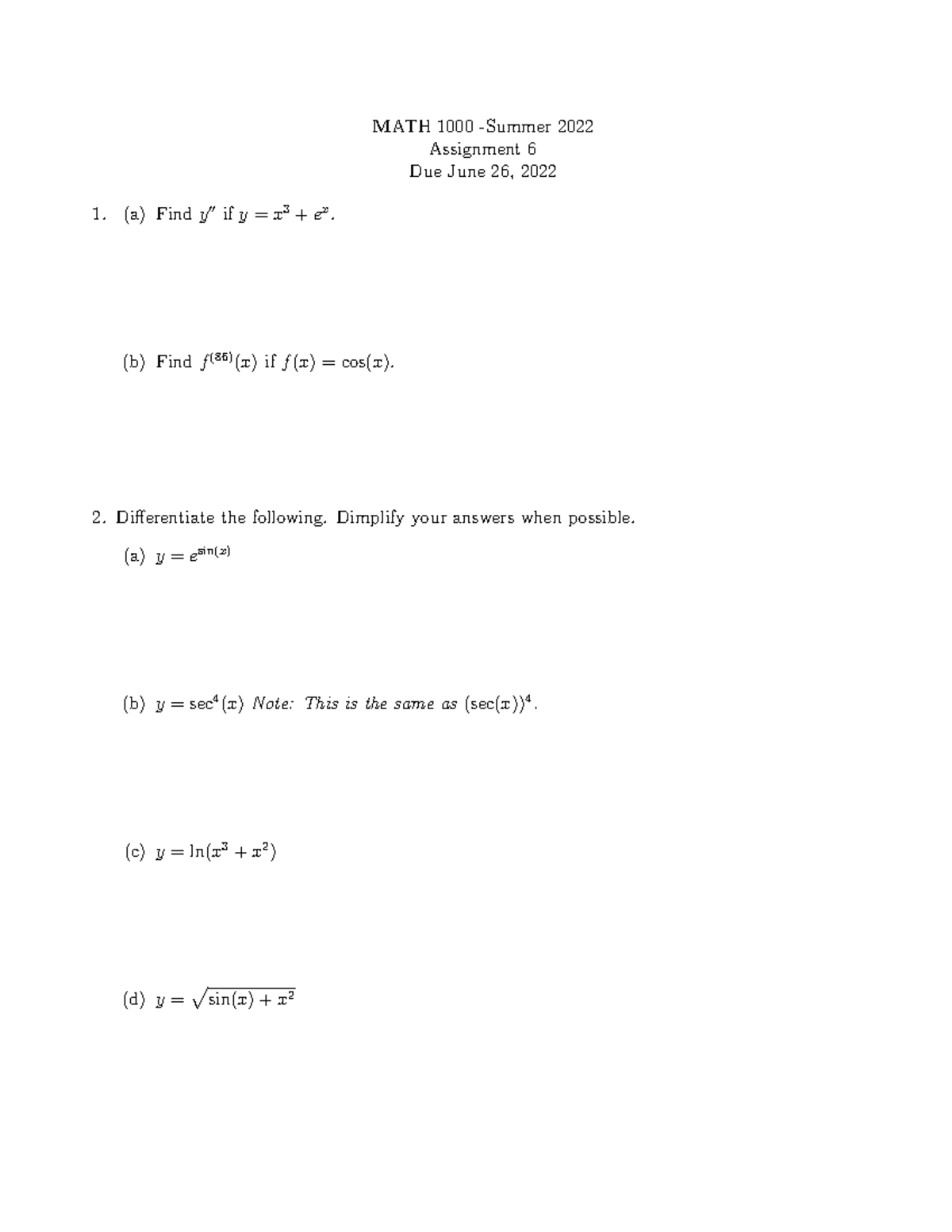 1000assn6 - calc assignment - MATH 1000 -Summer 2022Due June 26 ...
