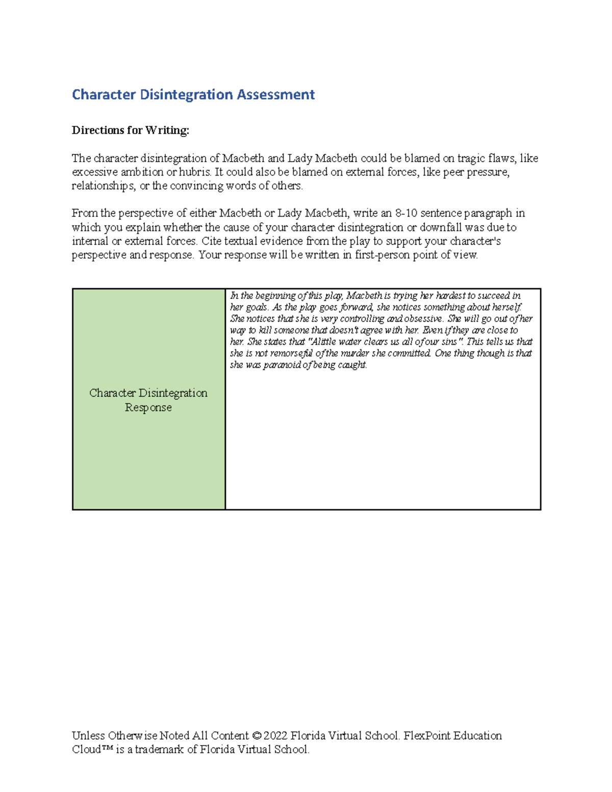Character disintegration rubric - Character Disintegration Assessment ...