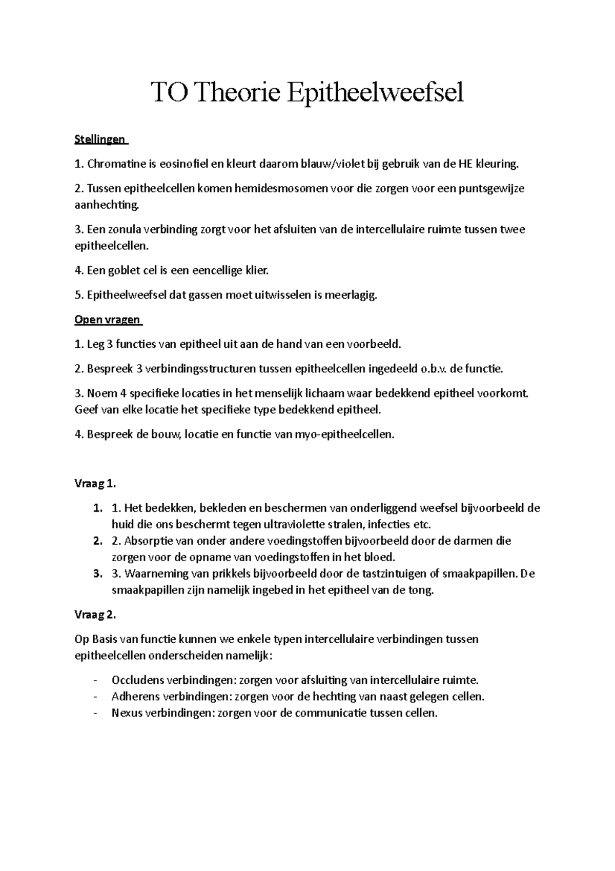 Tentame Opdrachten Theorie Epitheelweefsel - TO Theorie Epitheelweefsel ...