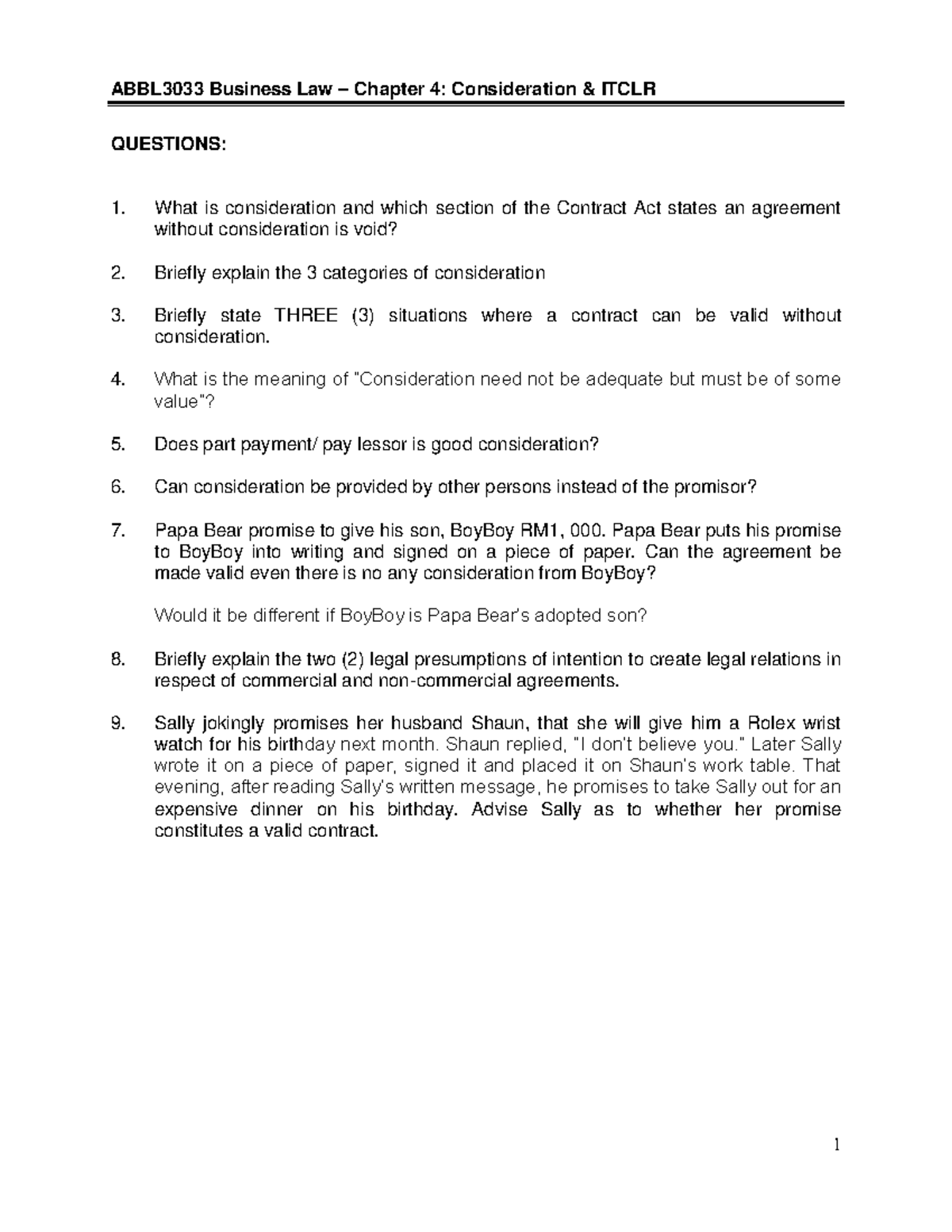 Tutorial 4 - Intention&Consi (Q) - ABBL3033 Business Law – Chapter 4 ...