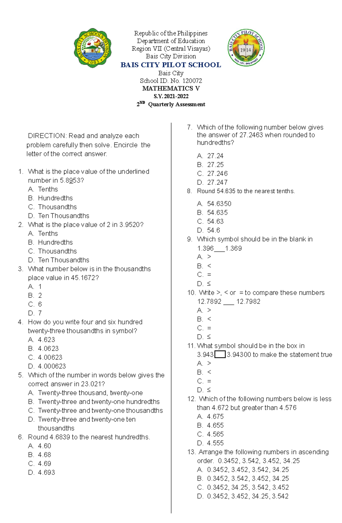 2nd Quarter Grade-5-MATH-assessment - Republic of the Philippines Department of Education Region ...