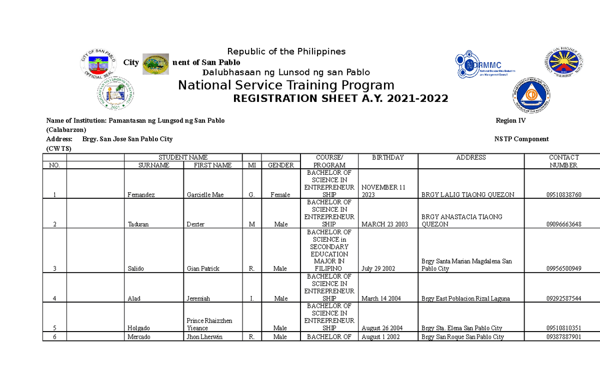 NSTP-Template-request-for-serial-no.CWTS 1-0 - Republic of the ...
