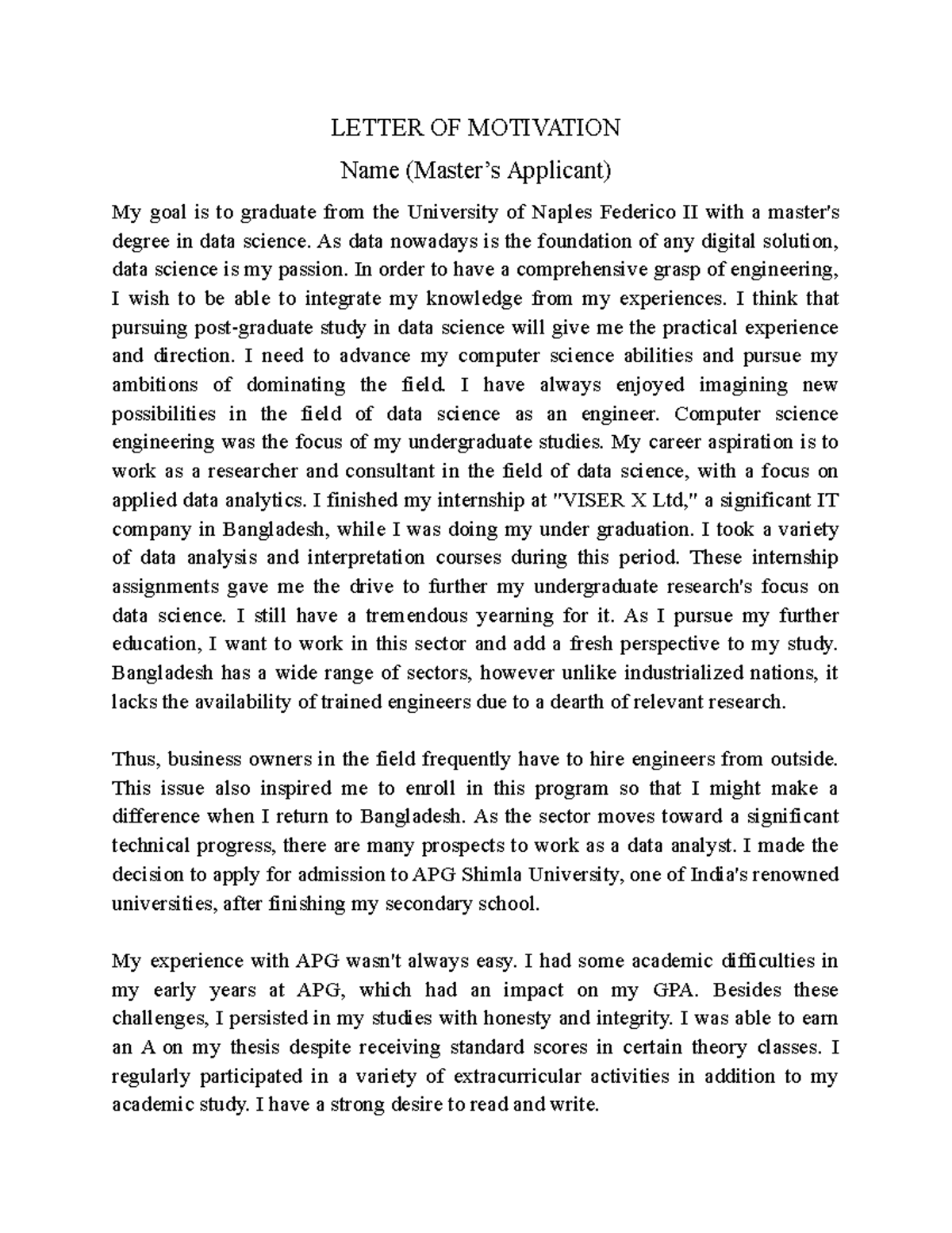 Motivation Letter - LETTER OF MOTIVATION Name (Master’s Applicant) My ...