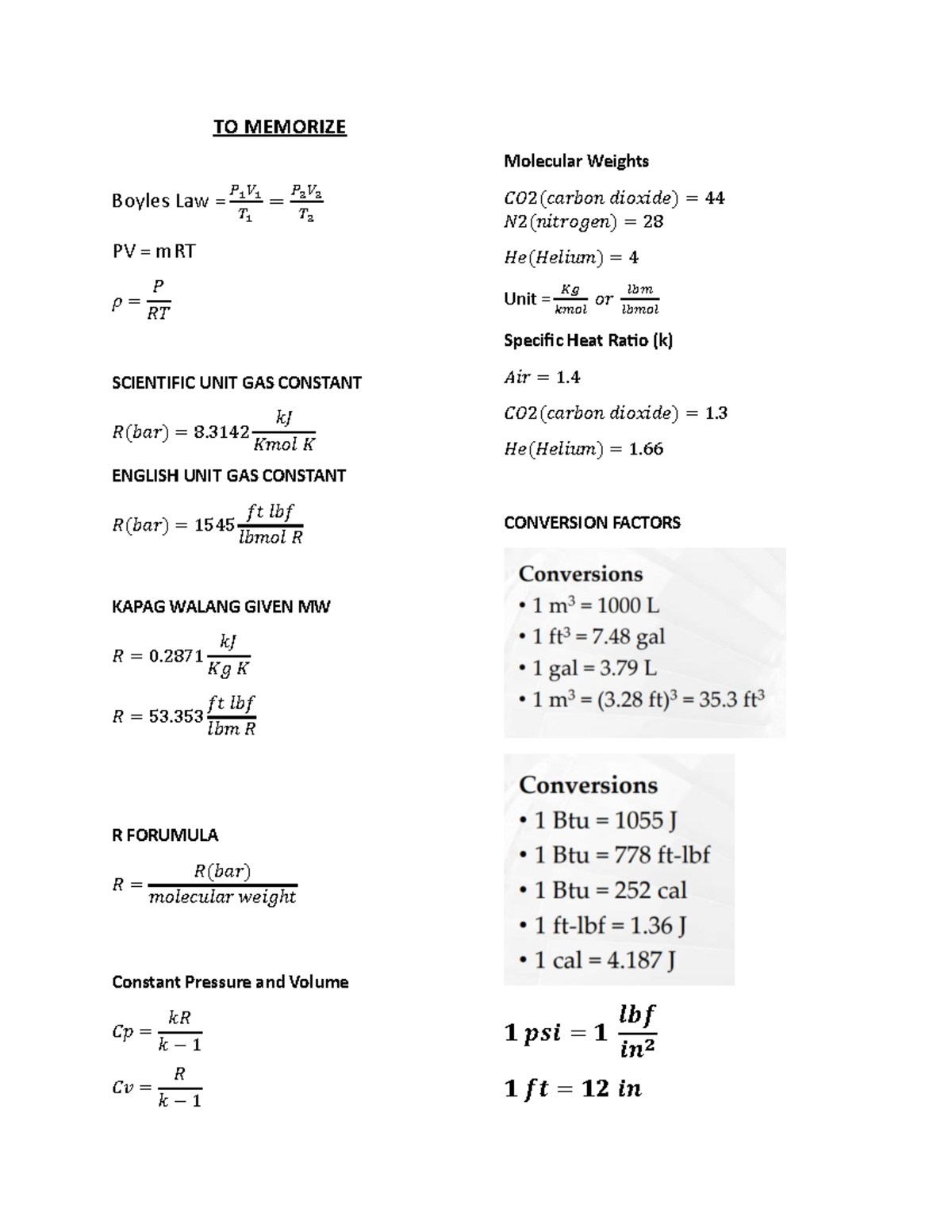 Week 8 reviewer - TO MEMORIZE Boyles Law = 𝑃 1 𝑉 1 𝑇 1 = 𝑃 2 𝑉 2 𝑇 2 PV ...