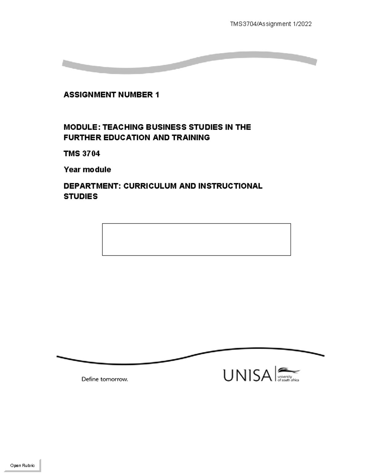 Assignment 1 TMS 3704 - TMS3704/Assignment 1/ ASSIGNMENT NUMBER 1 ...