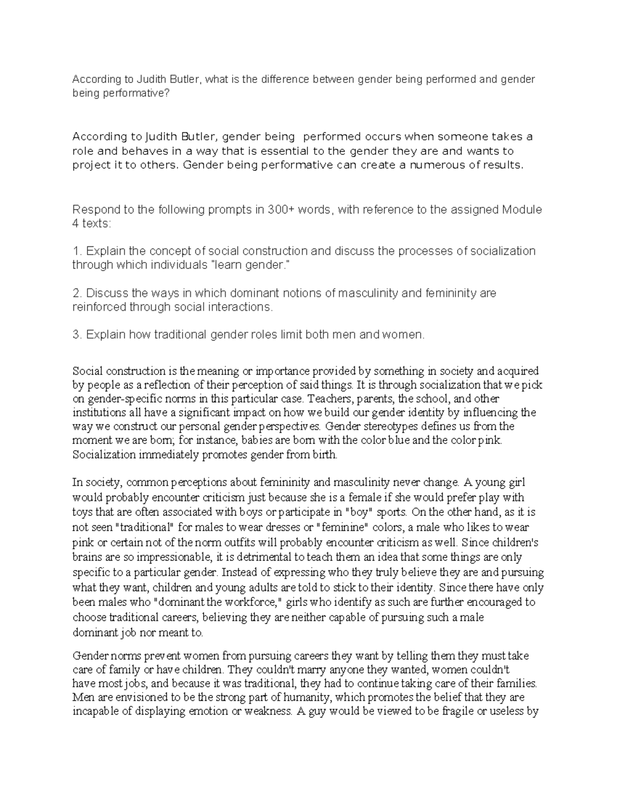 WS Module 4 Short Writing - According to Judith Butler, what is the ...