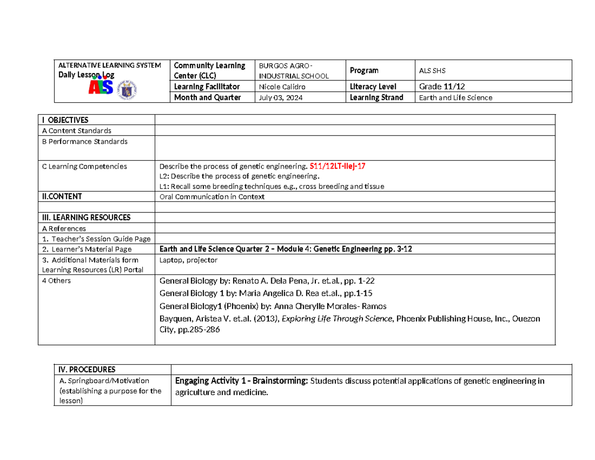 DLL ELS Nicole Calidro - lesson plan on earth and life science ...