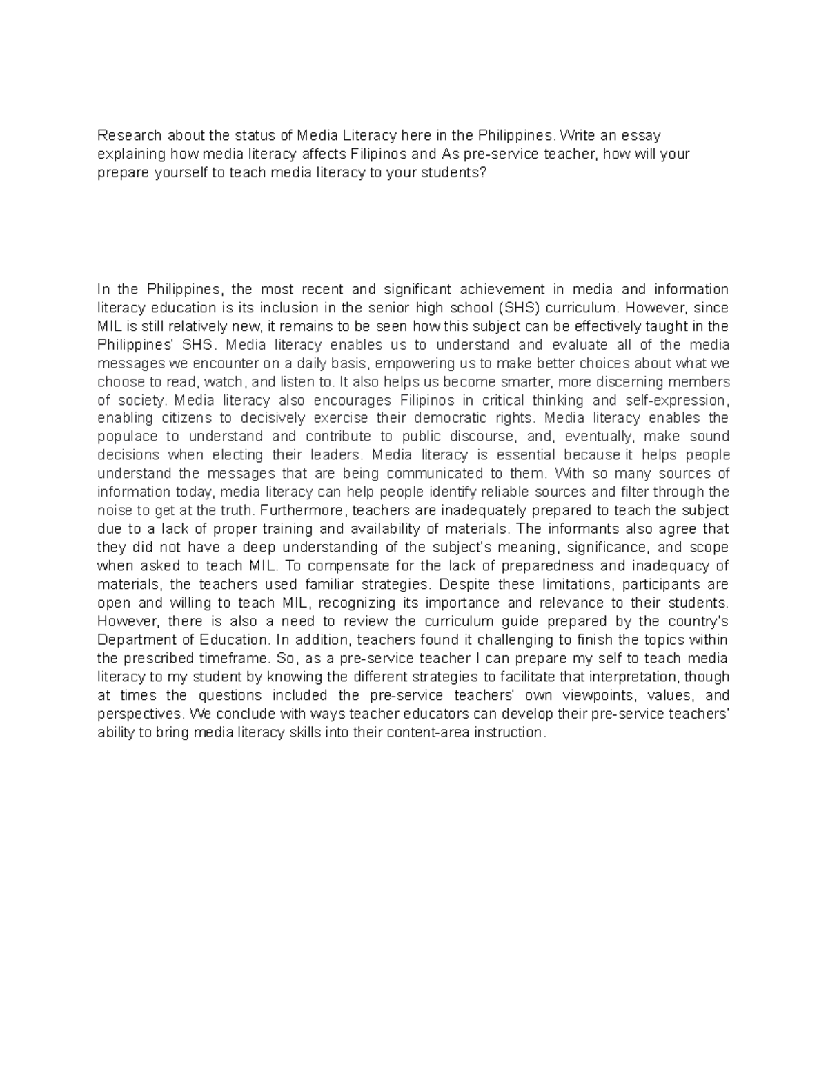 Research about the status of Media Literacy here in the Philippines ...