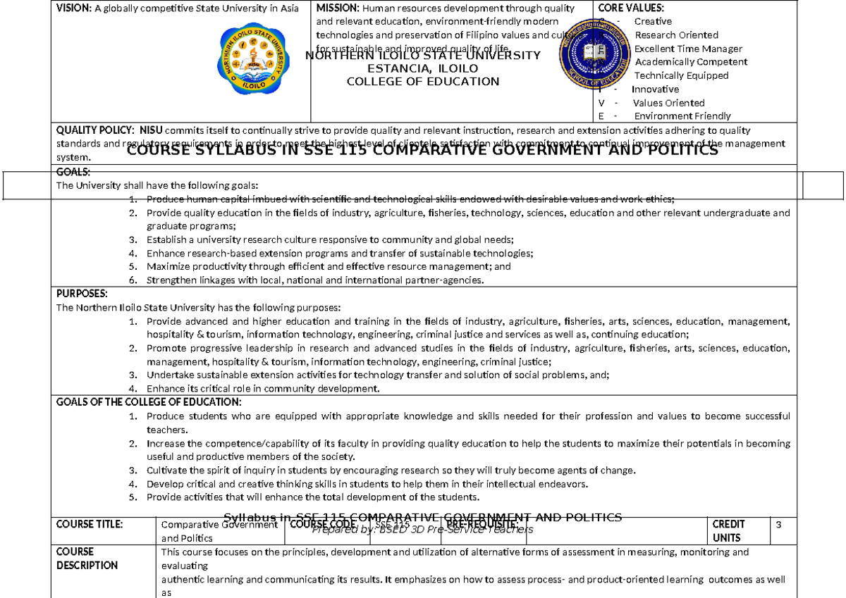Syllabus Comparative Government and Politics - NORTHERN ILOILO STATE UNIVERSITY ESTANCIA, ILOILO ...