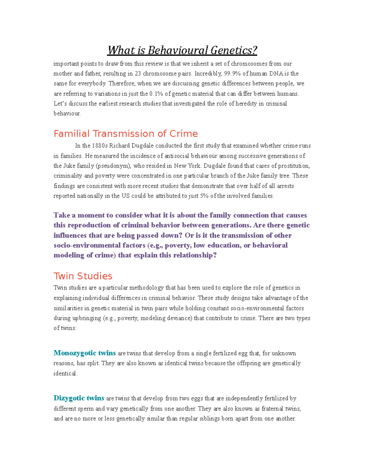 CC210 Chapter 2Notes - Notes - What is Behavioural Genetics? important ...