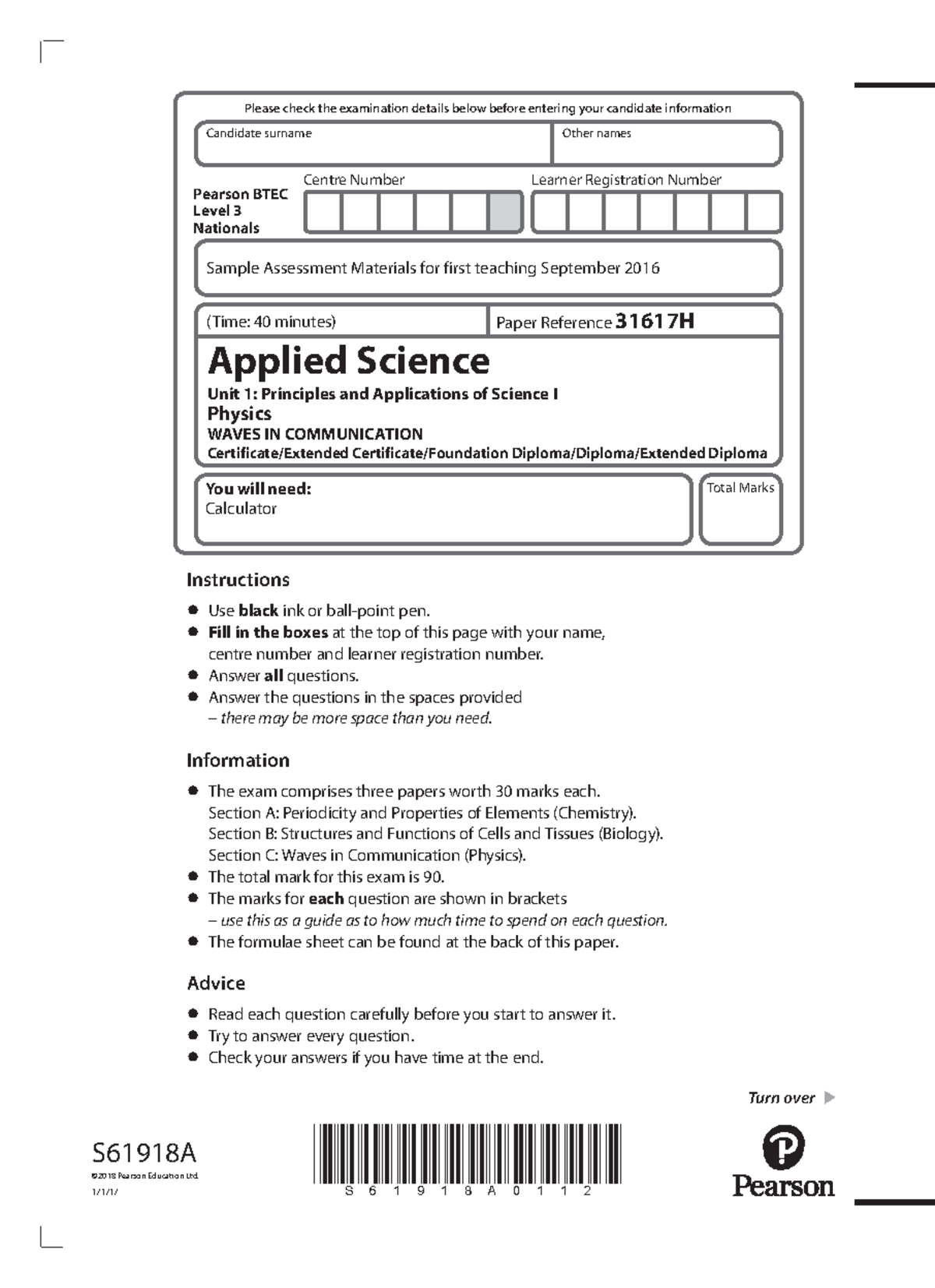 Physics Additional sample assessment material Unit 1 - Applied Science ...
