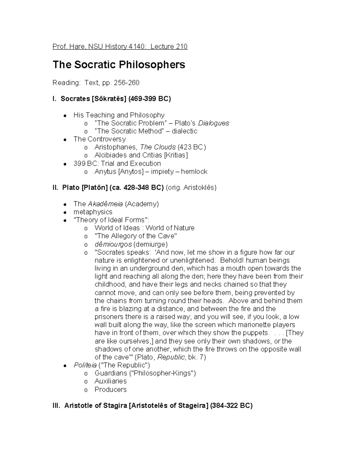 210 Socratic Philosophers - Prof. Hare, NSU History 4140: Lecture 210 ...