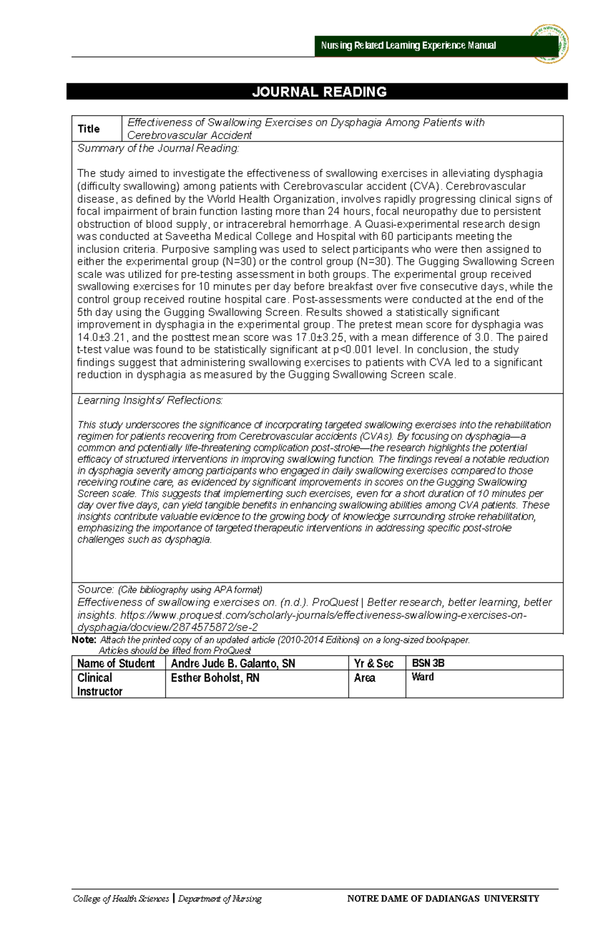 4 Journal Reading Format - Nursing Related Learning Experience Manual ...