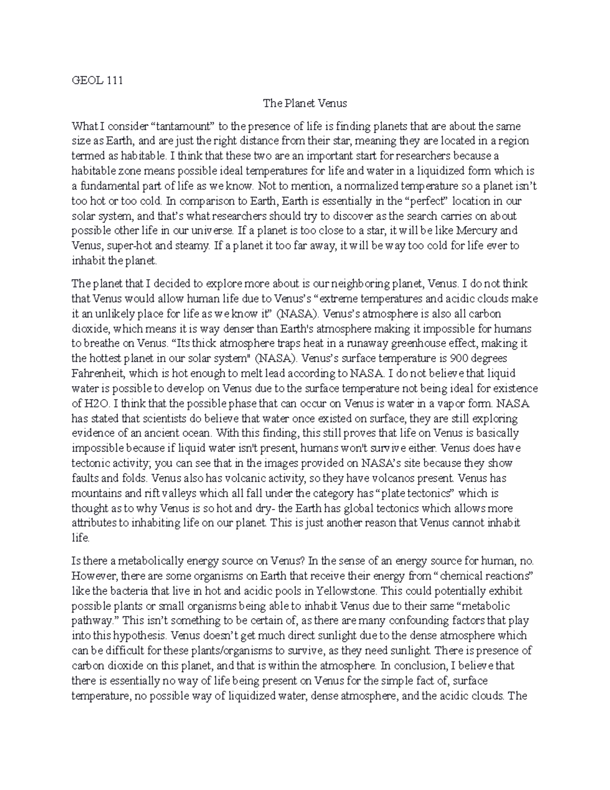 Week 6 Venus - GEOL 111 The Planet Venus What I consider “tantamount ...