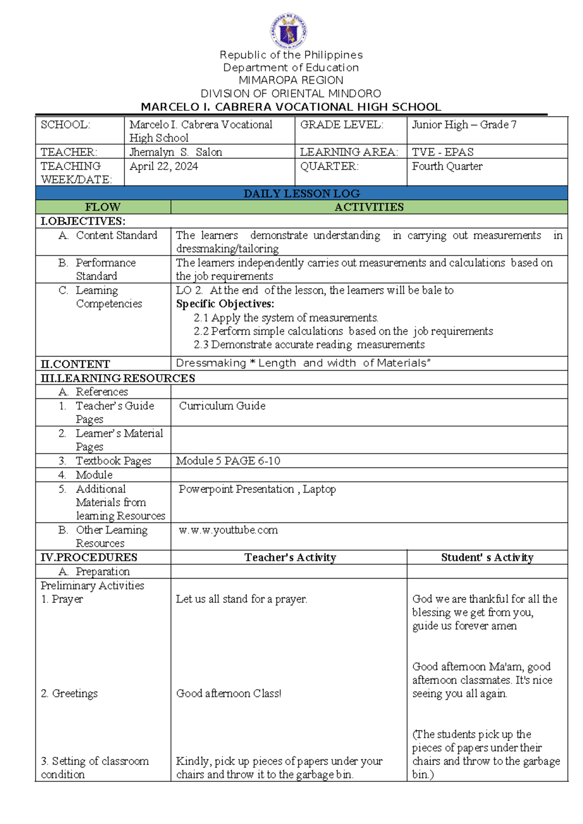 Lesson plan in Epas grade-8-1 - Copy - Republic of the Philippines ...