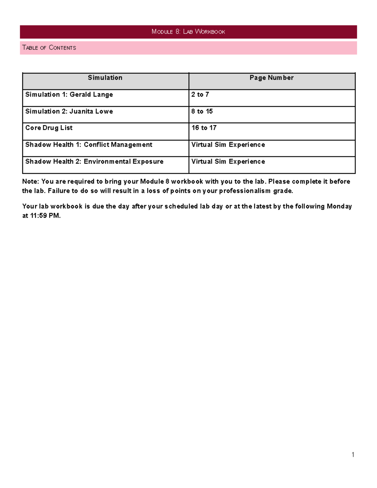 Module 8 Lab Workbook - Lab worksheet - MODULE 8: LAB WORKBOOK TABLE OF CONTENTS Simulation Page ...