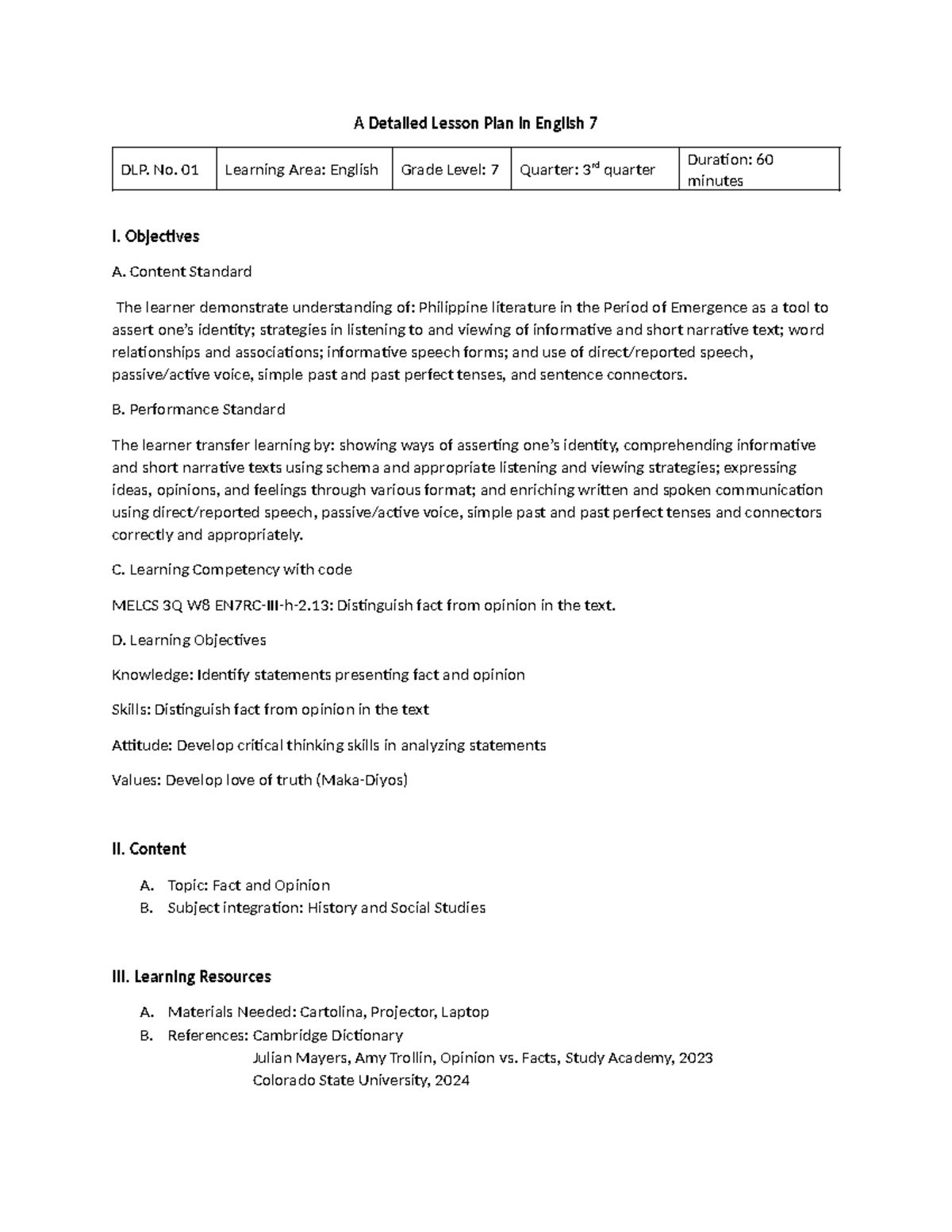 Detailel-lesson-plan - A Detailed Lesson Plan in English 7 DLP. No. 01 ...