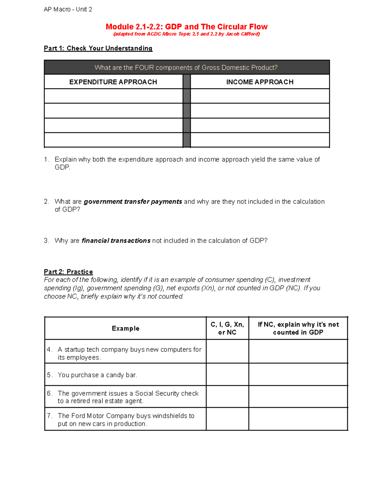 Module 2.1-2.2 Worksheet - GDP and The Circular Flow - AP Macro - Unit ...