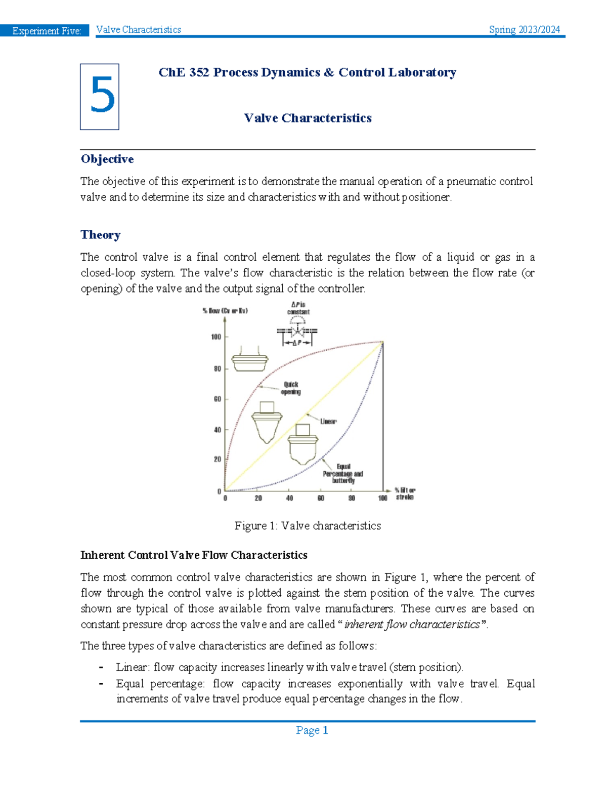 Ch E 352 - Experiment Five - Valve Characteristics with positioner - ChE 352 Process Dynamics ...